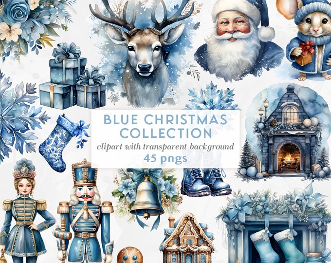 Blue Christmas Clipart Set - 100 Festive PNG Images for Holiday Crafts ...