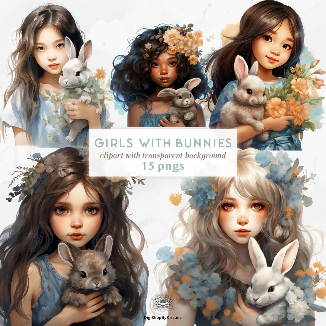 Cute Girl With Bunny Clipart | Watercolor Bunny Clipart Easter PNG With ...
