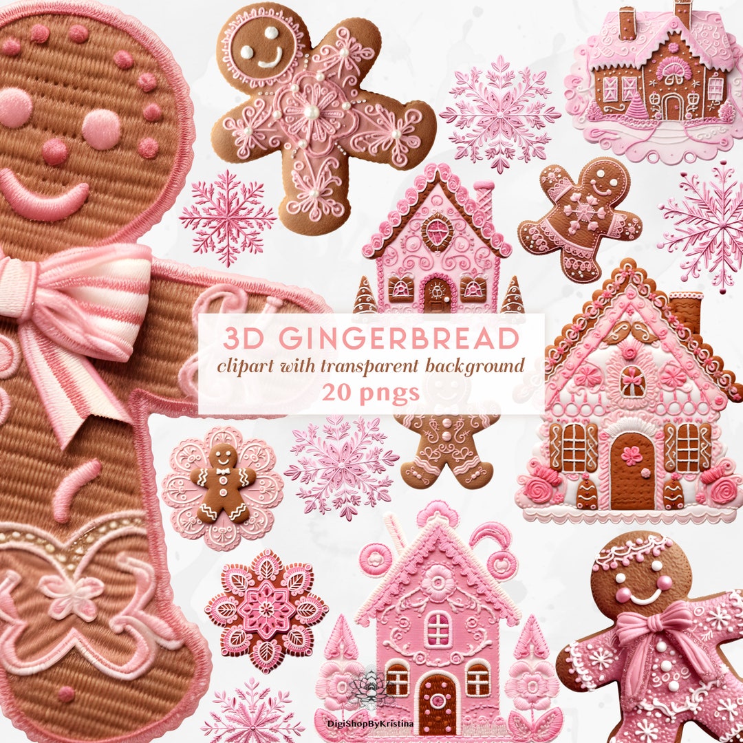 Pink Christmas Embroidered Gingerbread Clipart Collection | Cute Pink ...