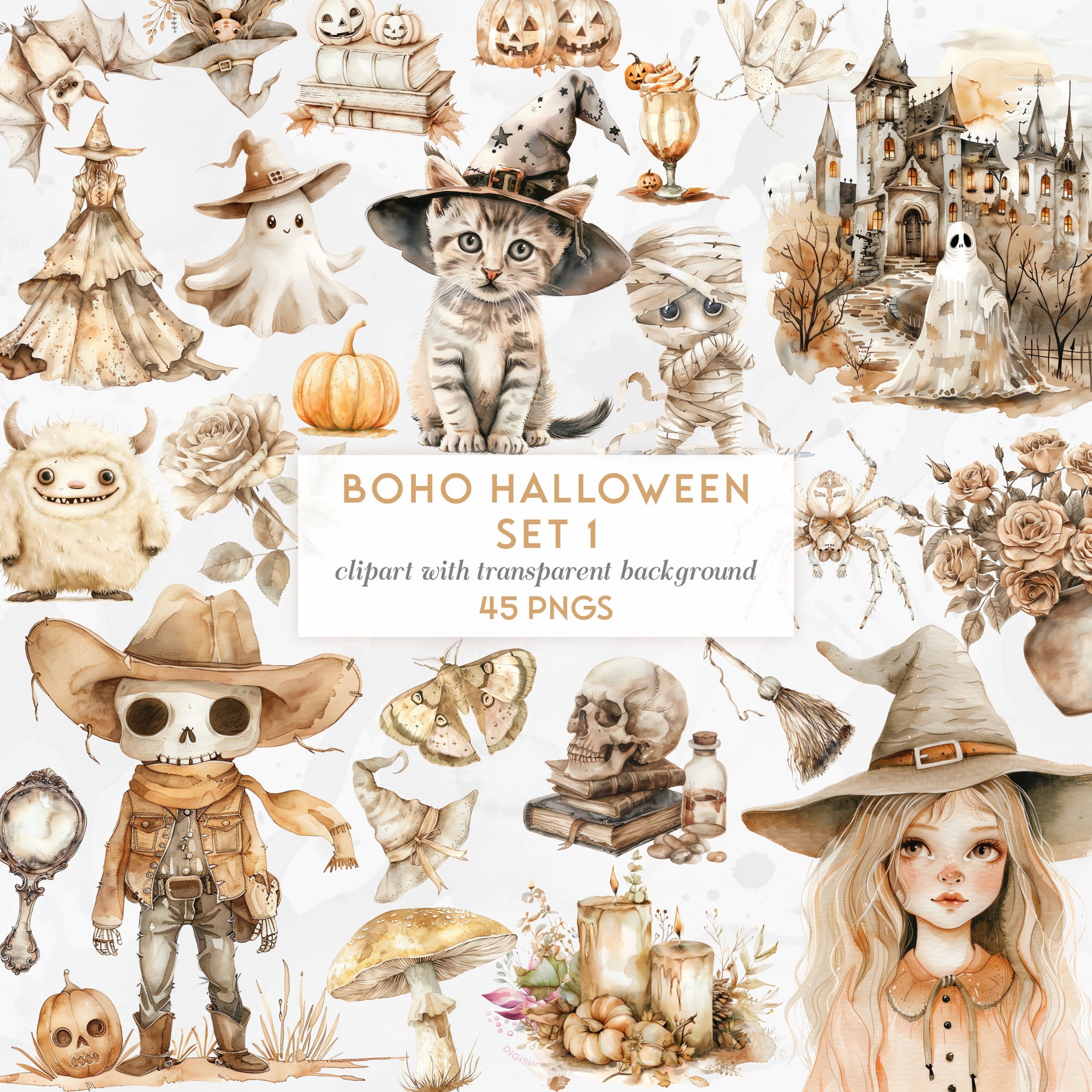 Boho Halloween Clipart Set 1, Retro Halloween Pngs, Witch, Ghost, Bat ...