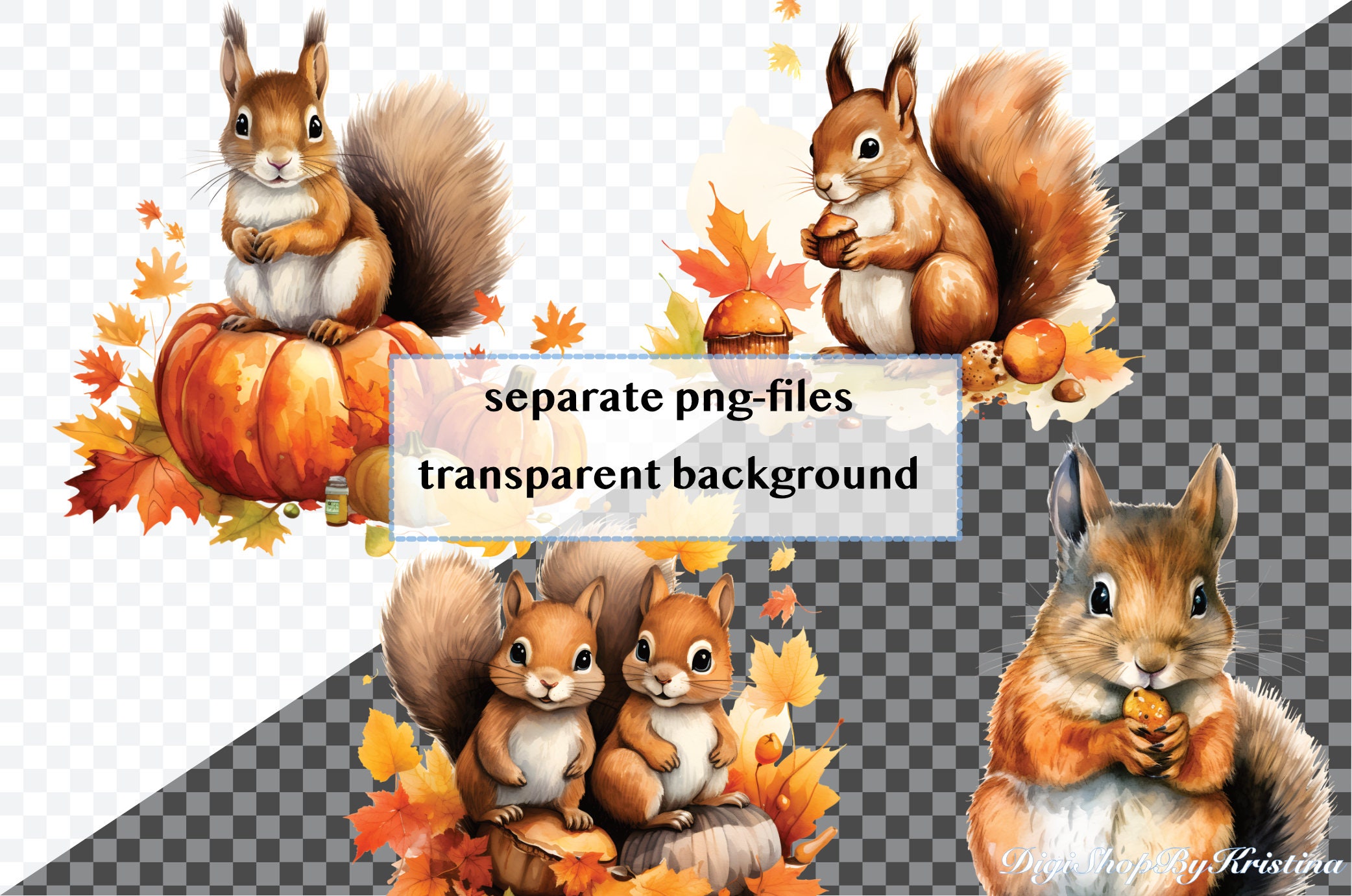 Cute Little Squirrels Clipart Set Watercolor Squirrel Pngs Autumn ...