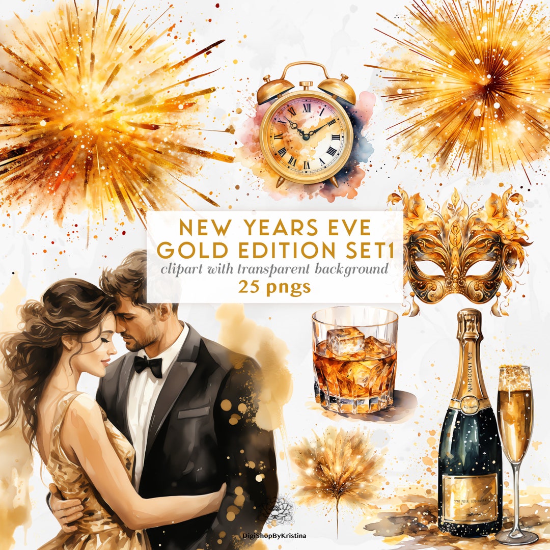 Gold New Years Eve Clipart Set 1 | Happy New Year Clipart | Gold Party ...