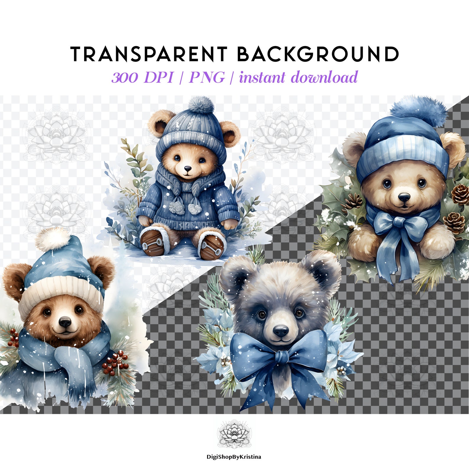 Cute Blue Christmas Teddy Bear Clipart Blue Watercolor Christmas Bear ...