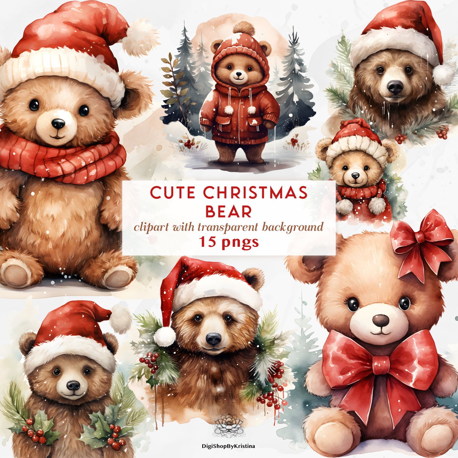 Cute Red Christmas Teddy Bear Clipart Classic Watercolor Christmas ...