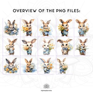 Cute Easter Bunny Holding Flowers Clipart | Watercolor Bunnies Pngs ...