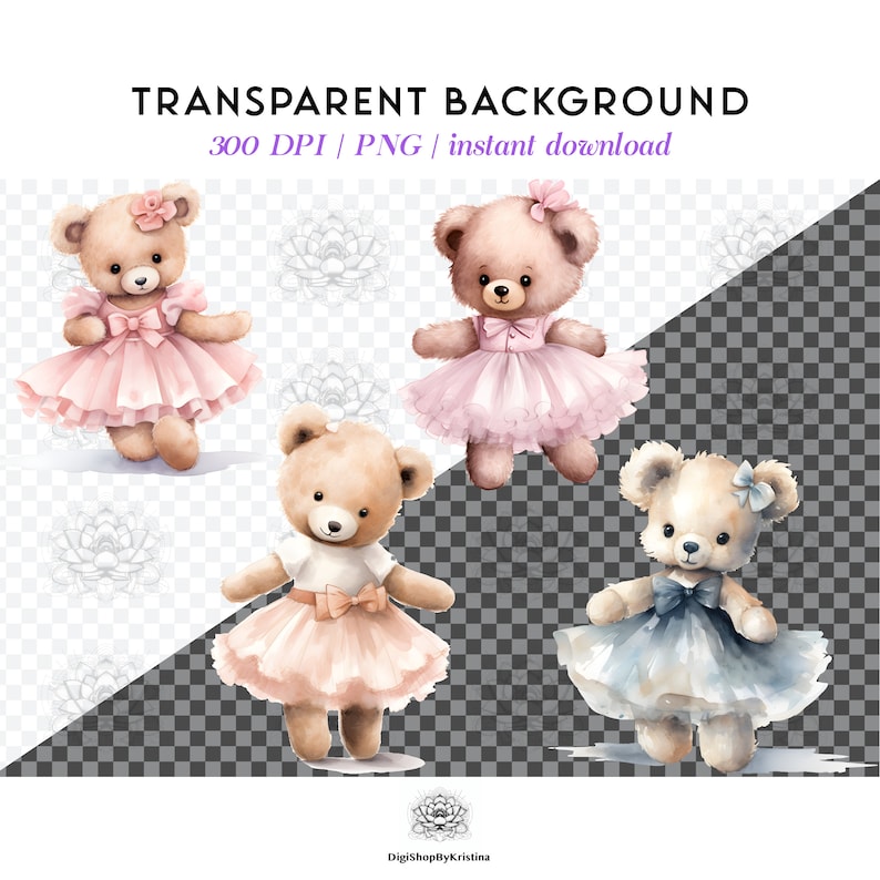 Cute Little Ballerina Teddy Clipart Set Watercolor Teddies Pngs Tutu ...