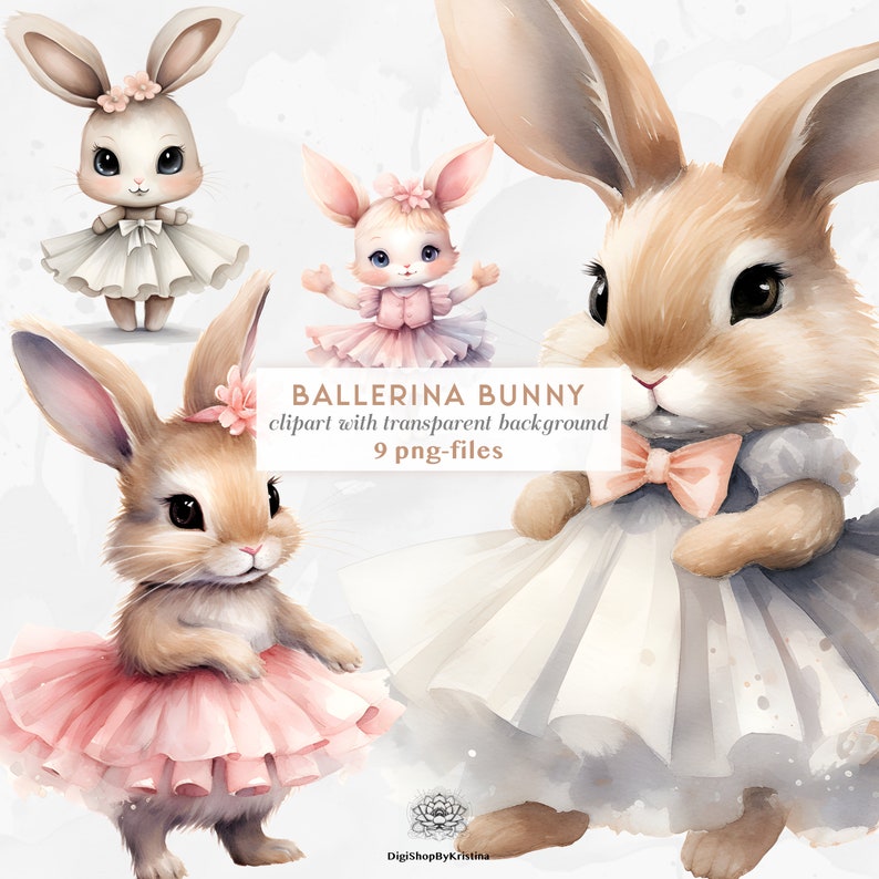 Cute Little Ballerina Bunnies Clipart Set Watercolor Bunny Pngs Tutu ...
