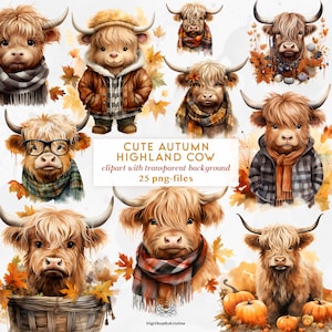 Cute Autumn Highland Cows Clipart Set | Watercolor Cows Pngs | Autumn ...