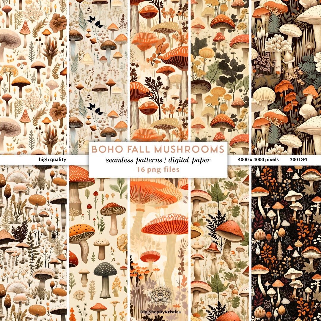 Boho Autumn Mushrooms Seamless Pattern | Digital Paper Mushrooms ...