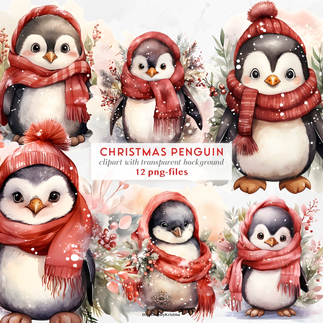 Cute Red Christmas Penguin Clipart | Red Watercolor Christmas | Classic ...