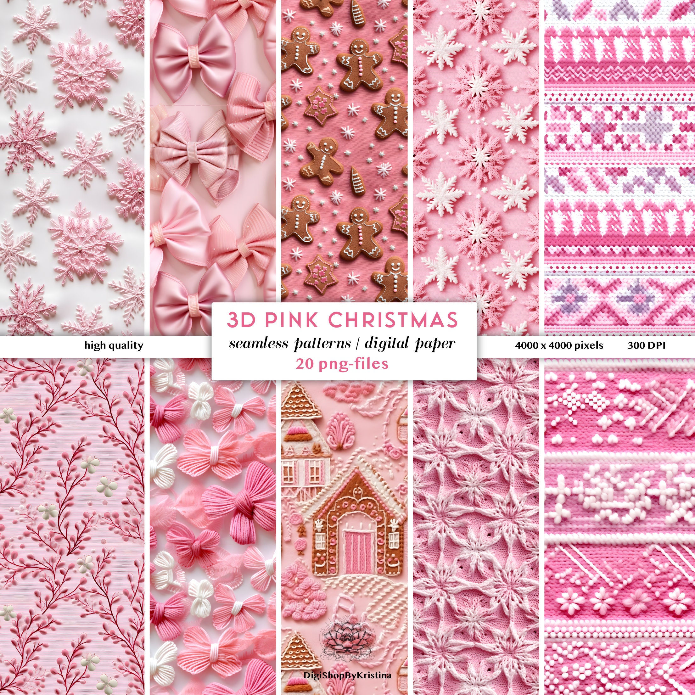 3D Pink Christmas Digital Papers Pink Christmas Seamless Patterns Mix ...