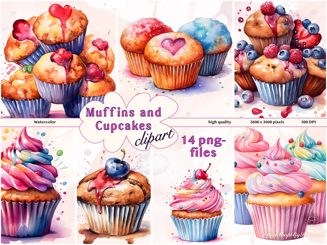 Watercolor Muffin and Cupcake Clipart Mix Pretty and Unique Cupcakes ...