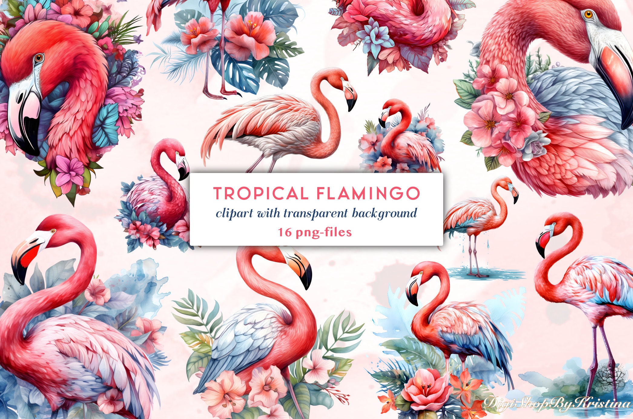 Tropical Flamingos Clipart Watercolor Flamingo PNG File Flamingos With ...