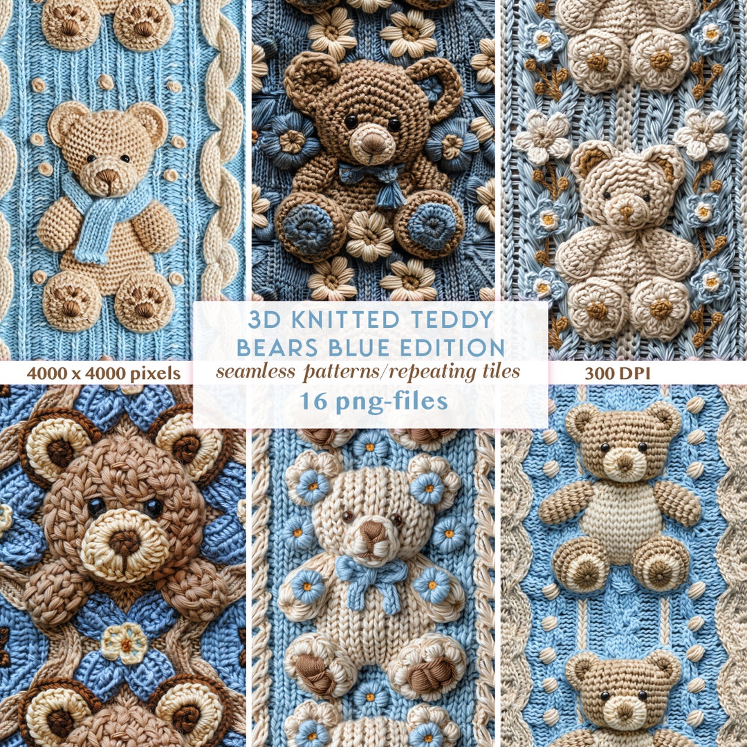 3D Knitted Blue Teddies Seamless Pattern | Faux Knit Repeating Pattern ...