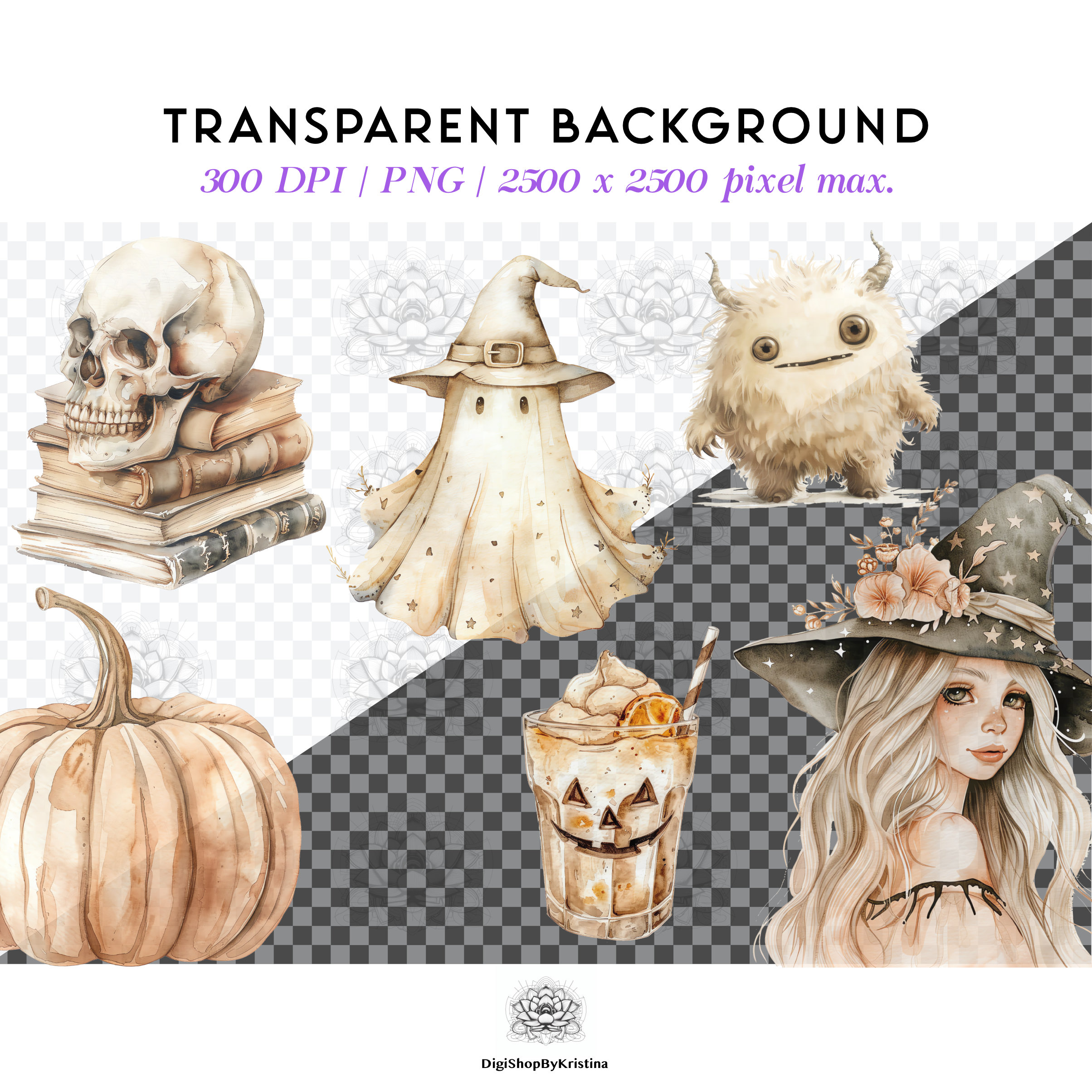 Boho Halloween Clipart Set 2, Retro Halloween Pngs, Witch, Ghost, Bat ...