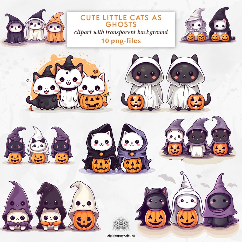 Cute Little Ghost Cats Clipart Pngs Retro Cats Graphics - Etsy