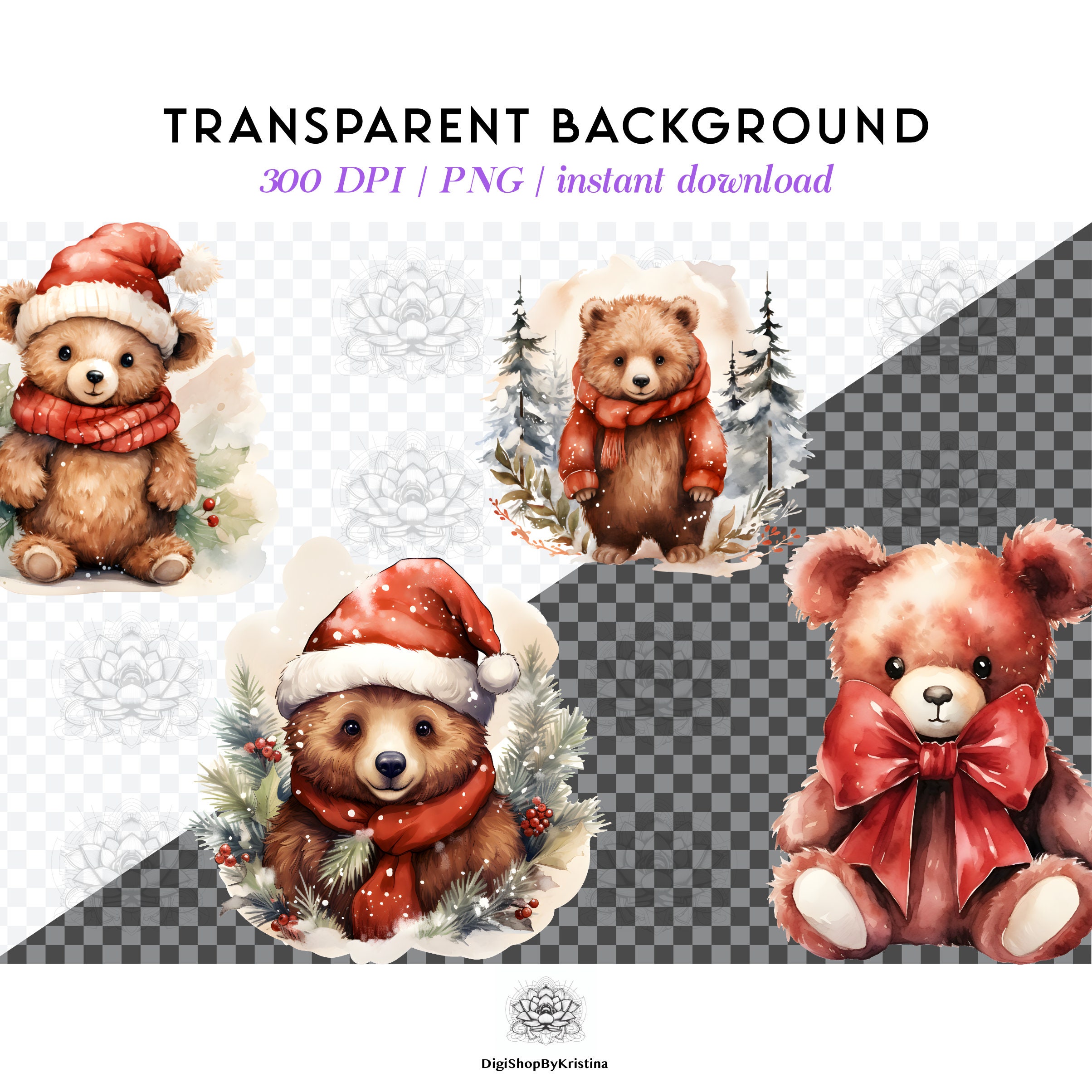 Cute Red Christmas Teddy Bear Clipart Classic Watercolor Christmas ...