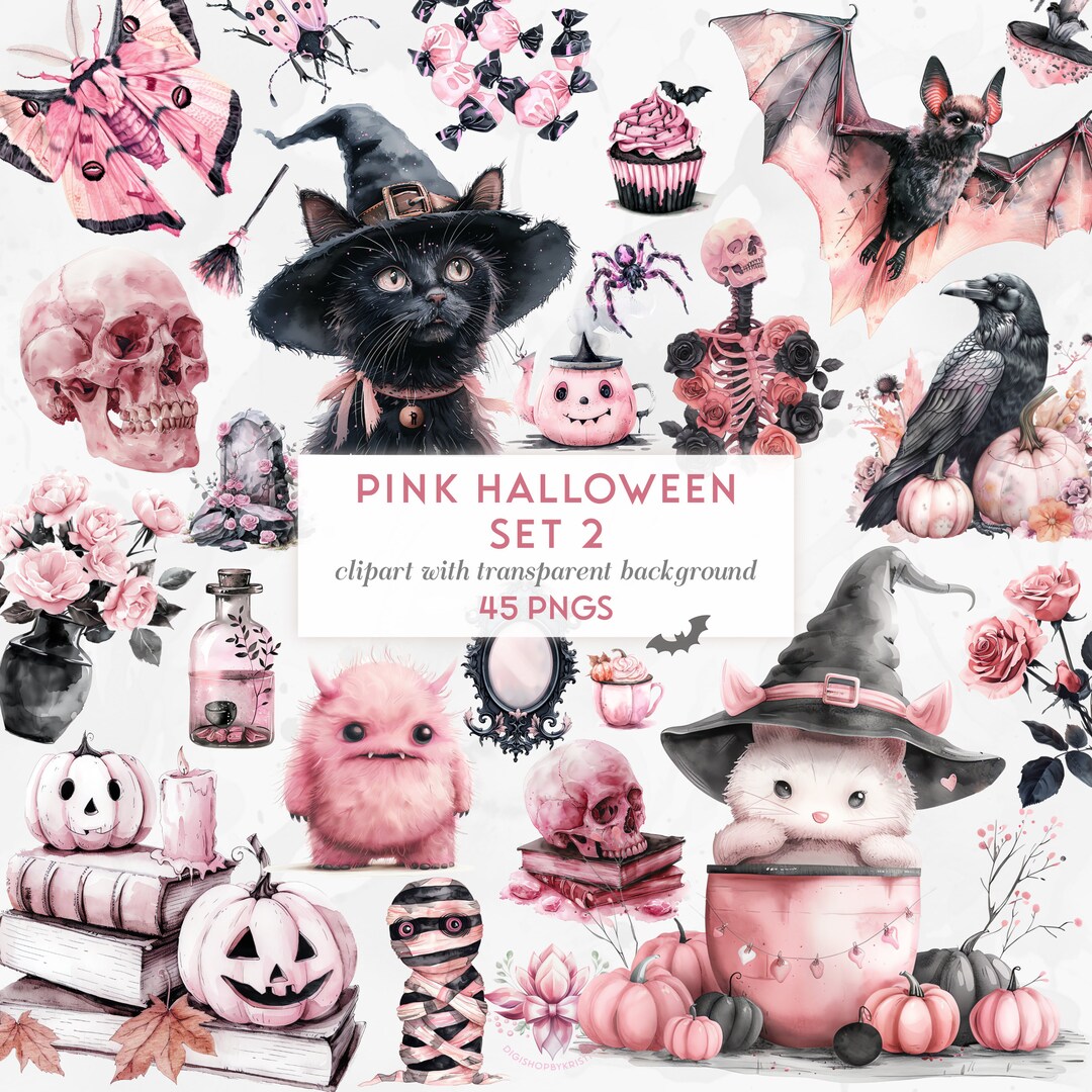 Pastel Pink Halloween Clipart Set 2, Pink Halloween Pngs, Witch, Ghost ...