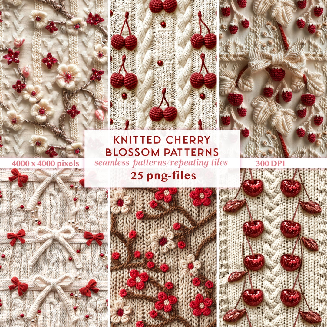 3D Knitted Cherry Blossom Seamless Pattern | Faux Knit Repeating Cherry ...