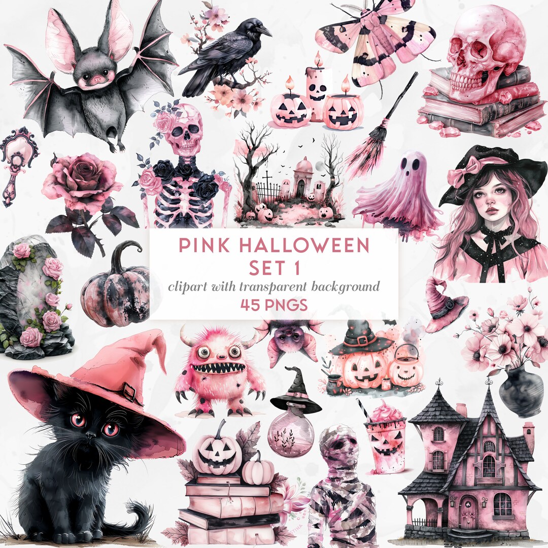 Pastel Pink Halloween Clipart Set 1, Pink Halloween Pngs, Witch, Ghost ...