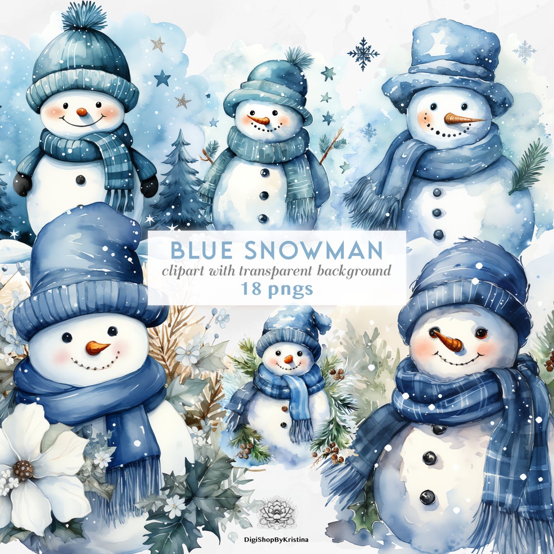 Cute Blue Christmas Snowman Clipart | Blue Watercolor Christmas | Girly ...