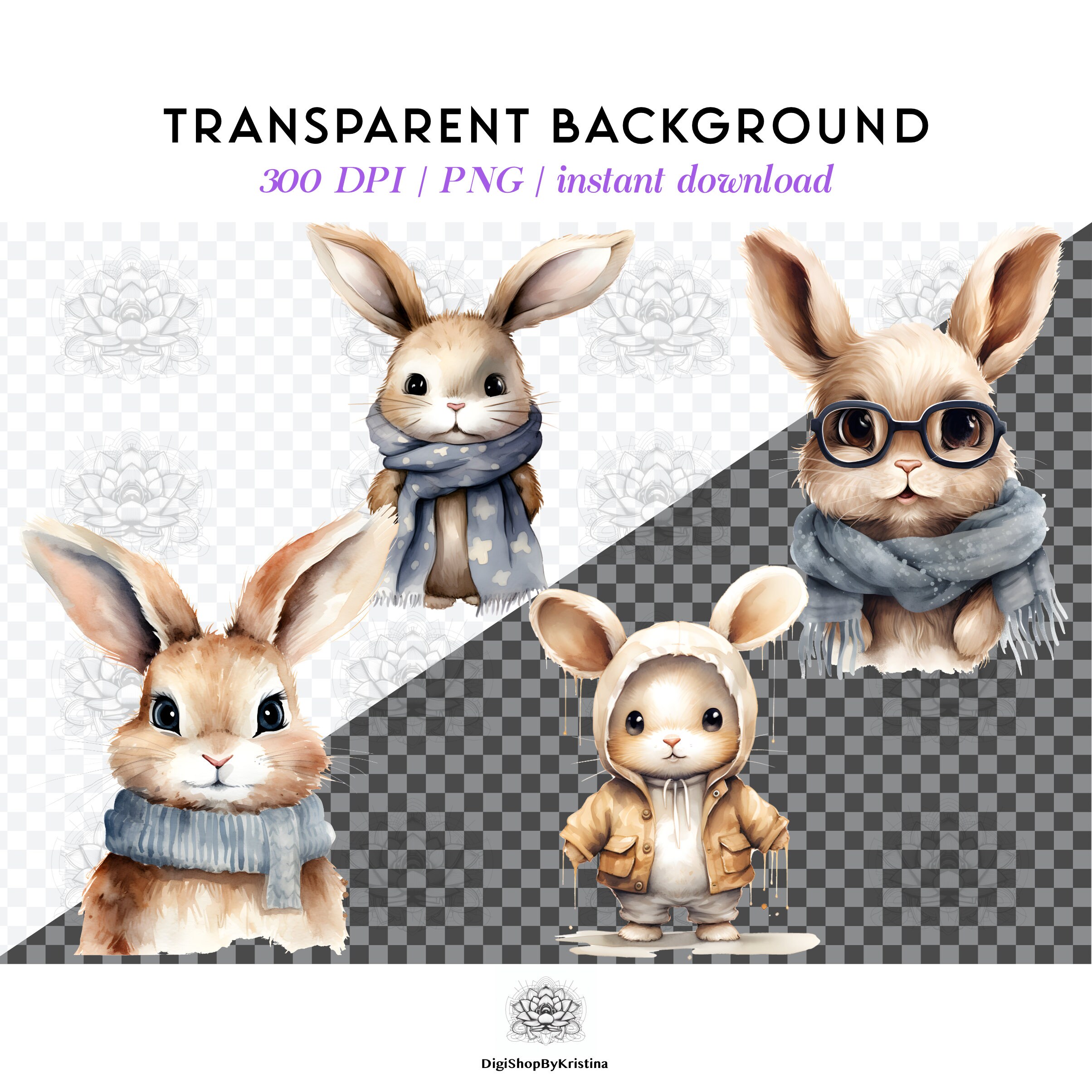 Cute Little Bunnies Clipart Set Watercolor Bunny Pngs Autumn Animals ...