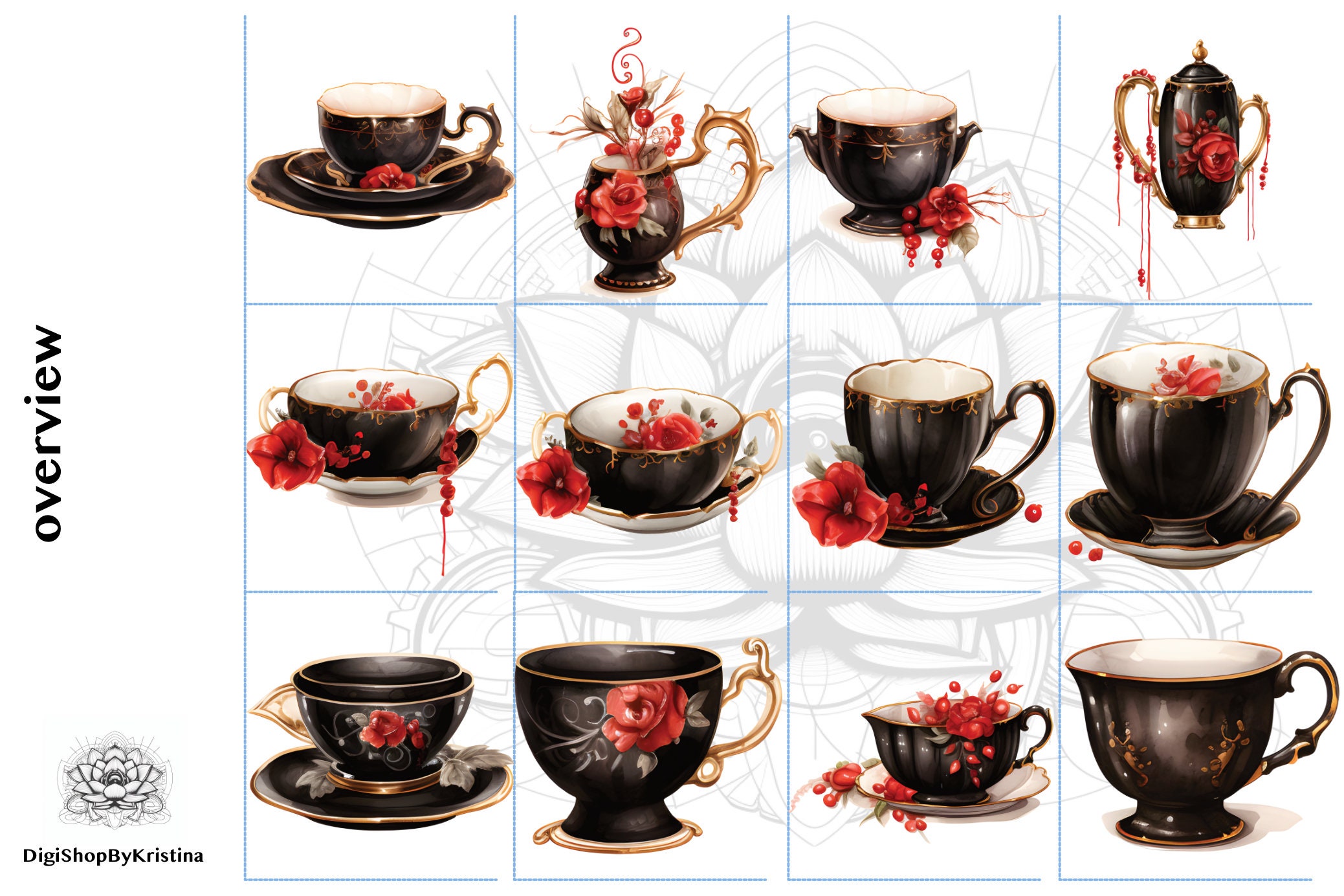 Red Rose Gothic Tea Party Clipart Set Porcelain Tea Set PNG - Etsy