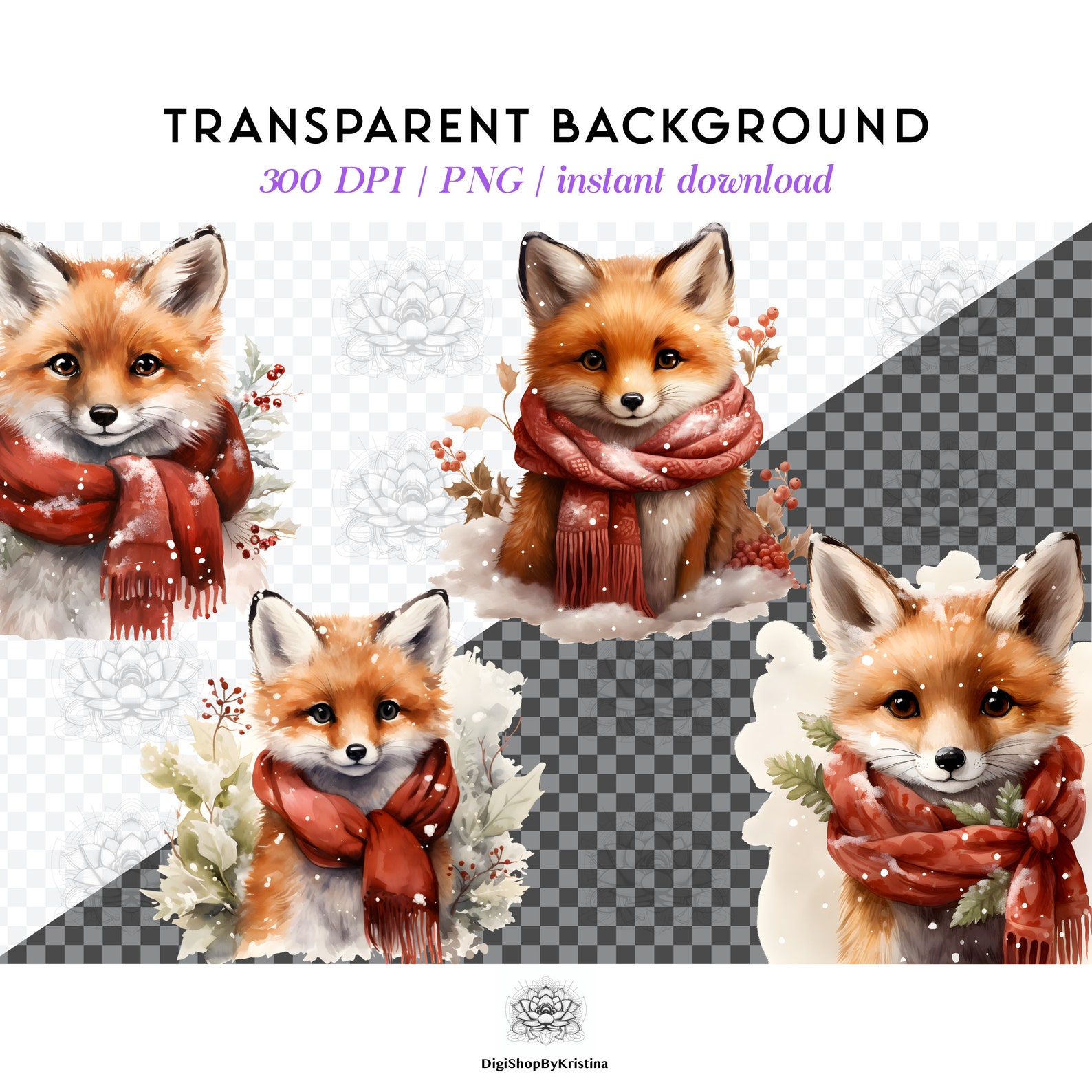 Cute Little Foxes Clipart Set Watercolor Fox Pngs Winter Animals ...