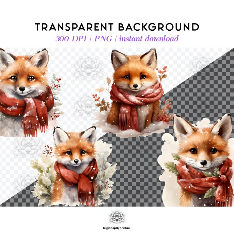 Cute Little Foxes Clipart Set Watercolor Fox Pngs Winter Animals ...