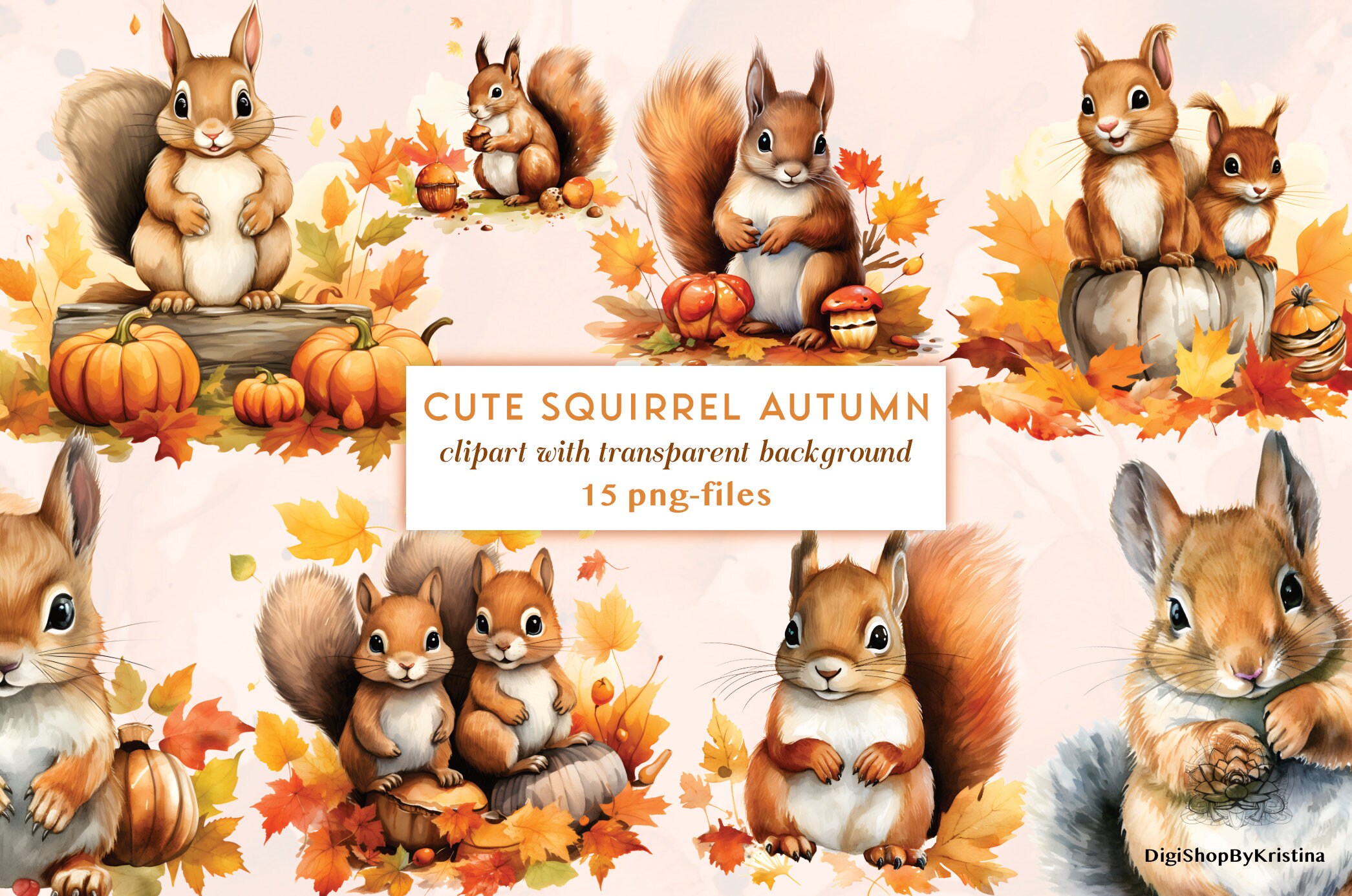 Cute Little Squirrels Clipart Set Watercolor Squirrel Pngs Autumn ...