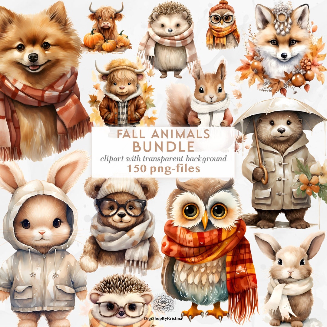 MEGA BUNDLE Autumn Animals Clipart | Fall Animals With Scarf Clipart ...