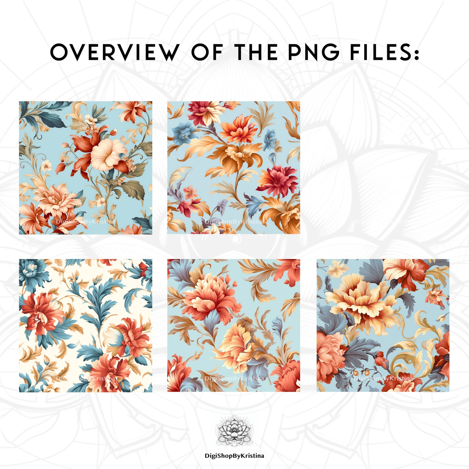 Light Blue Rococo Flowers Seamless Patterns | Floral Spring Repeating ...