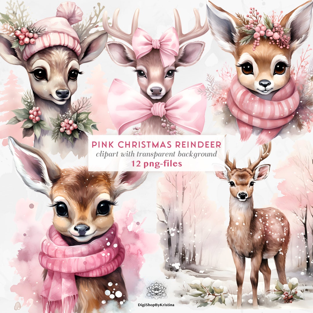 Cute Pink Christmas Reindeer Clipart | Pink Watercolor Christmas ...