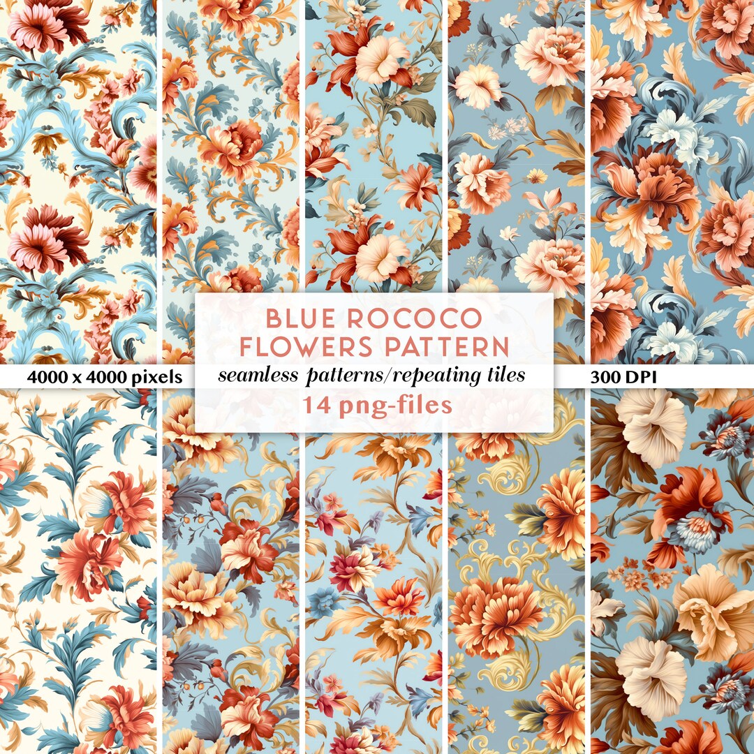 Light Blue Rococo Flowers Seamless Patterns | Floral Spring Repeating ...