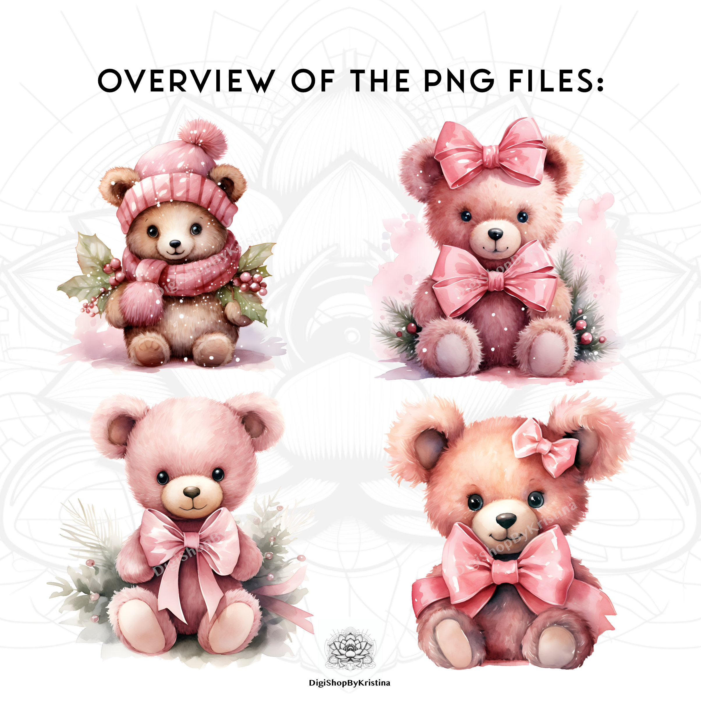 Cute Pink Christmas Teddy Bear Clipart Pink Watercolor Christmas Girly ...