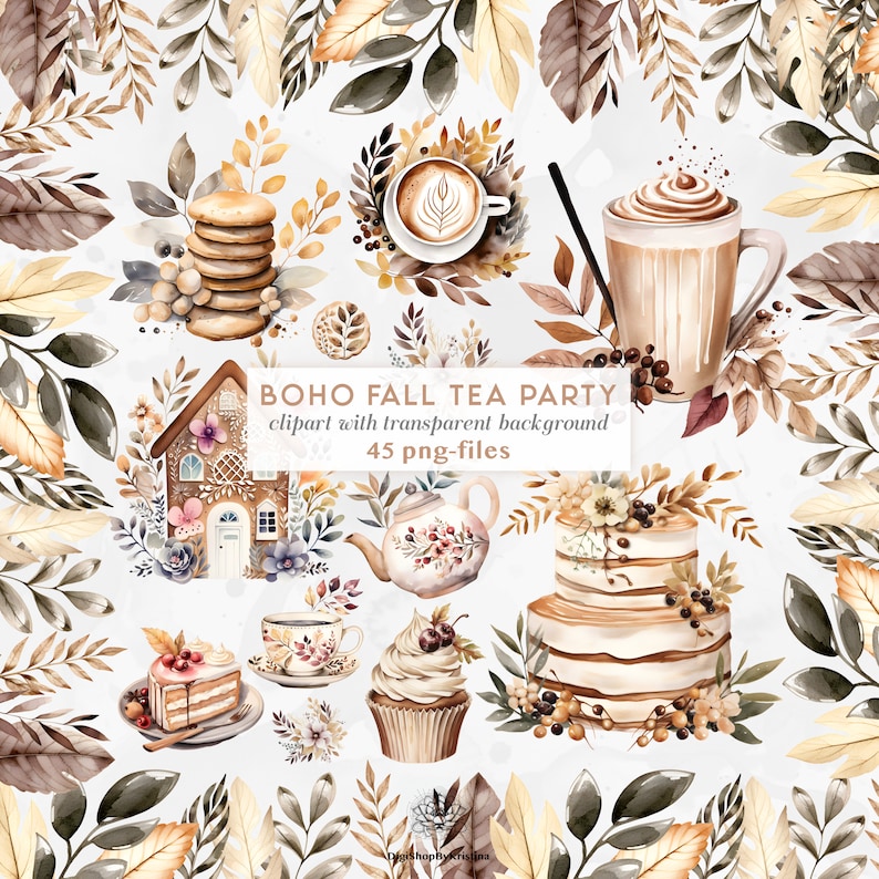 Boho Tea Party Clipart Set Autumn Party Teacup Clipart Set Boho ...