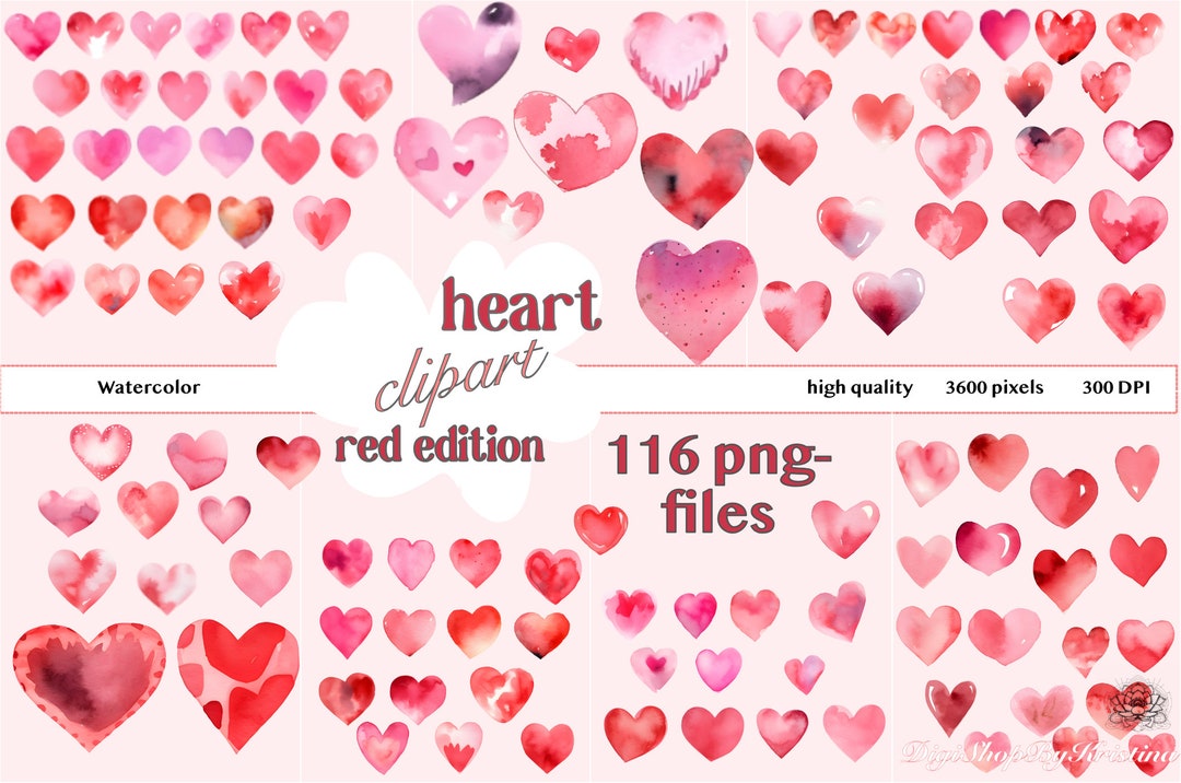 116 Red and Pink Watercolor Clipart Hearts, Love Clipart, Valentine's ...