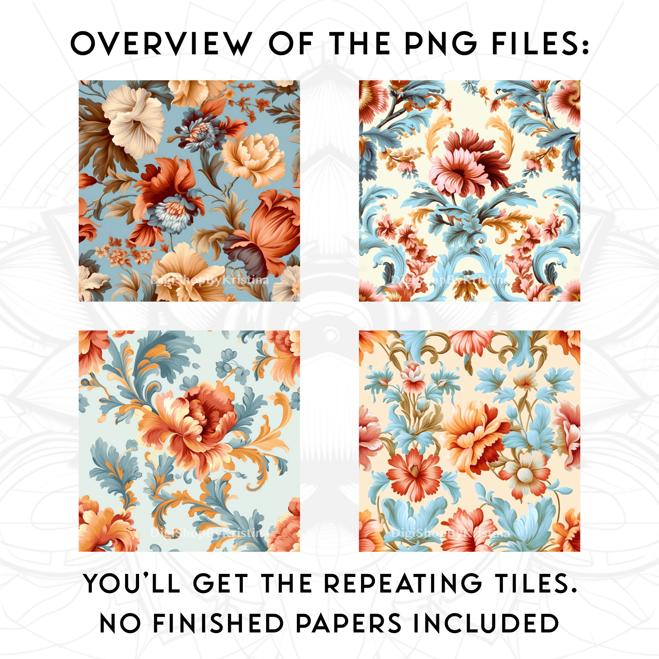 Light Blue Rococo Flowers Seamless Patterns | Floral Spring Repeating ...