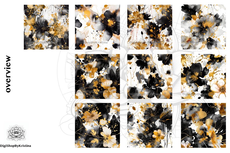Black and Gold Ink Color Digital Paper Floral Seamless - Etsy