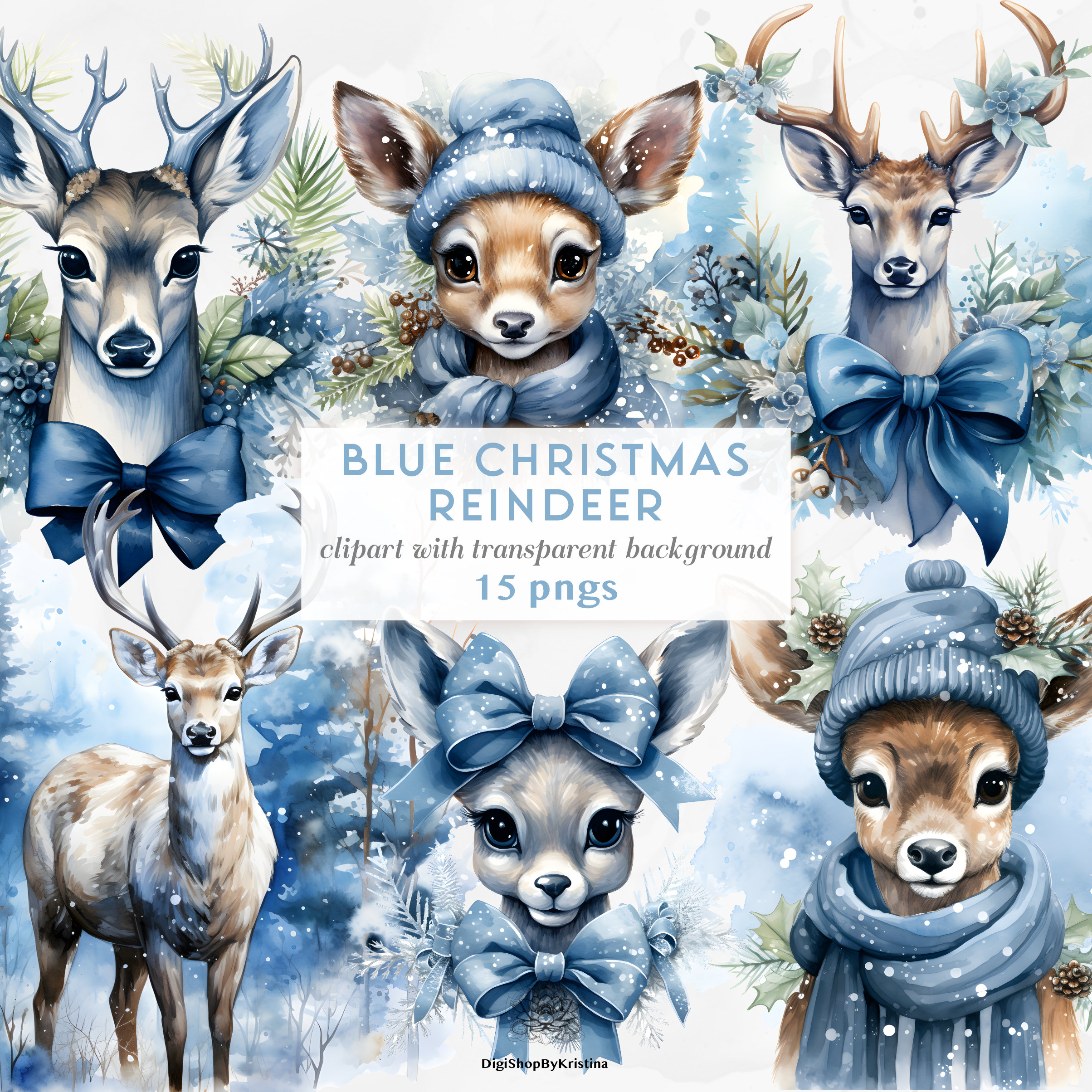 Cute Blue Christmas Reindeer Clipart Blue Watercolor Christmas Girly ...