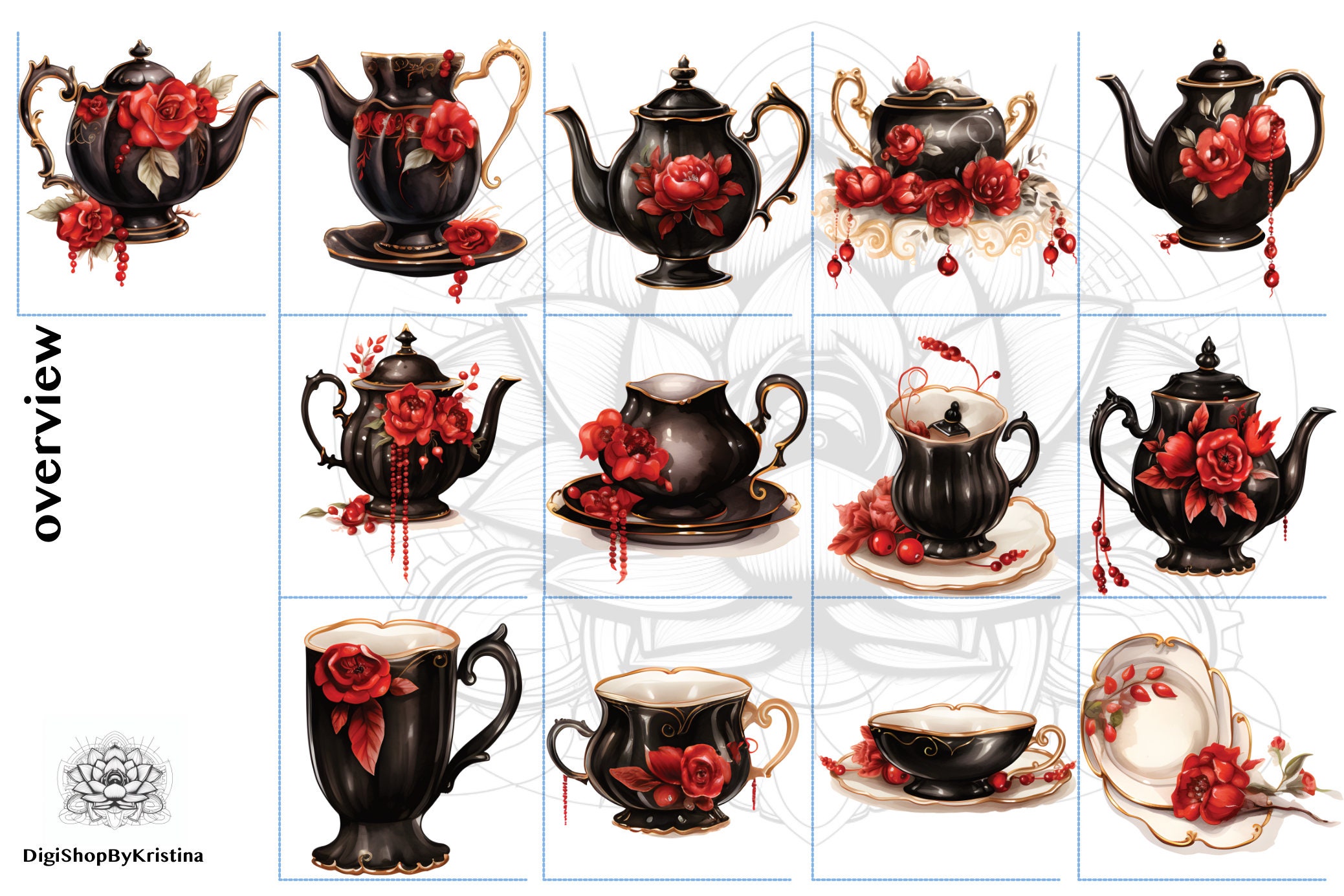 Red Rose Gothic Tea Party Clipart Set Porcelain Tea Set PNG Images ...