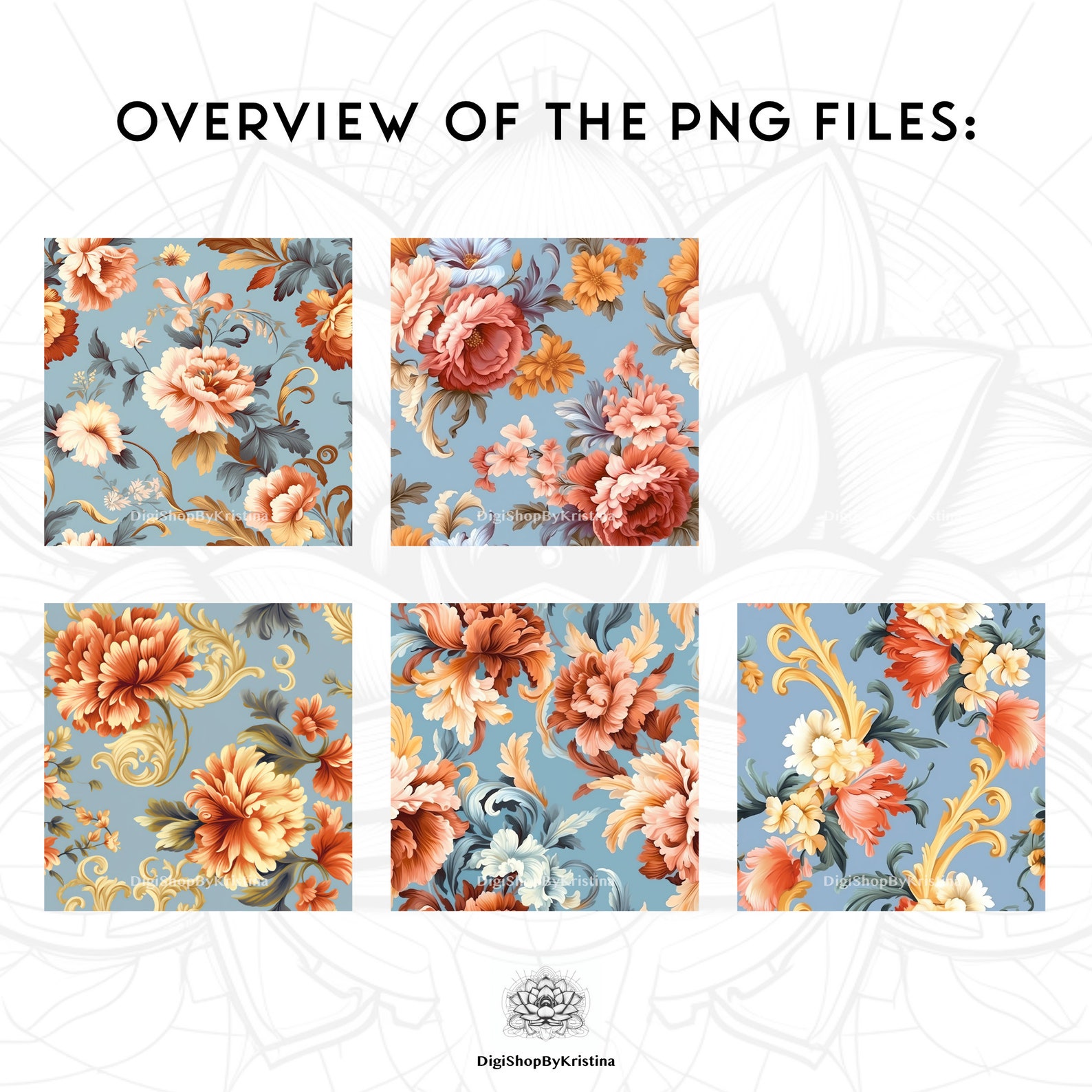 Light Blue Rococo Flowers Seamless Patterns | Floral Spring Repeating ...