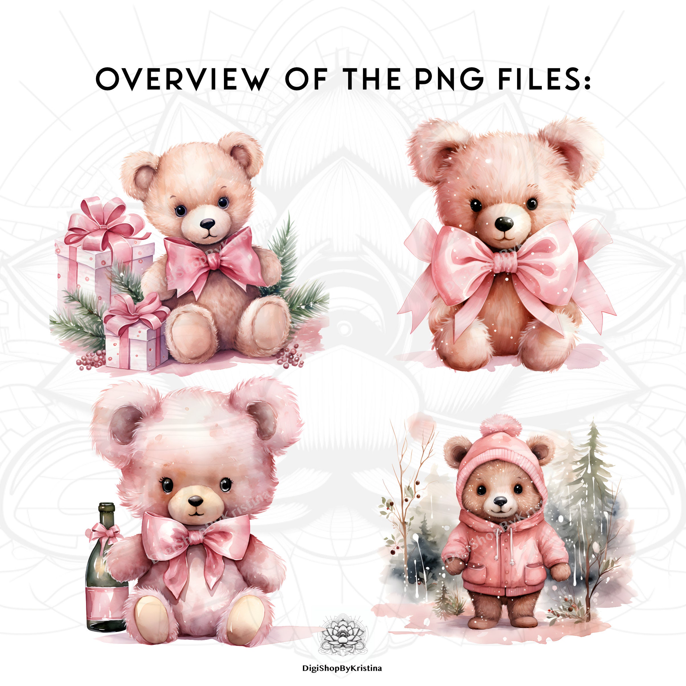 Cute Pink Christmas Teddy Bear Clipart Pink Watercolor Christmas Girly ...