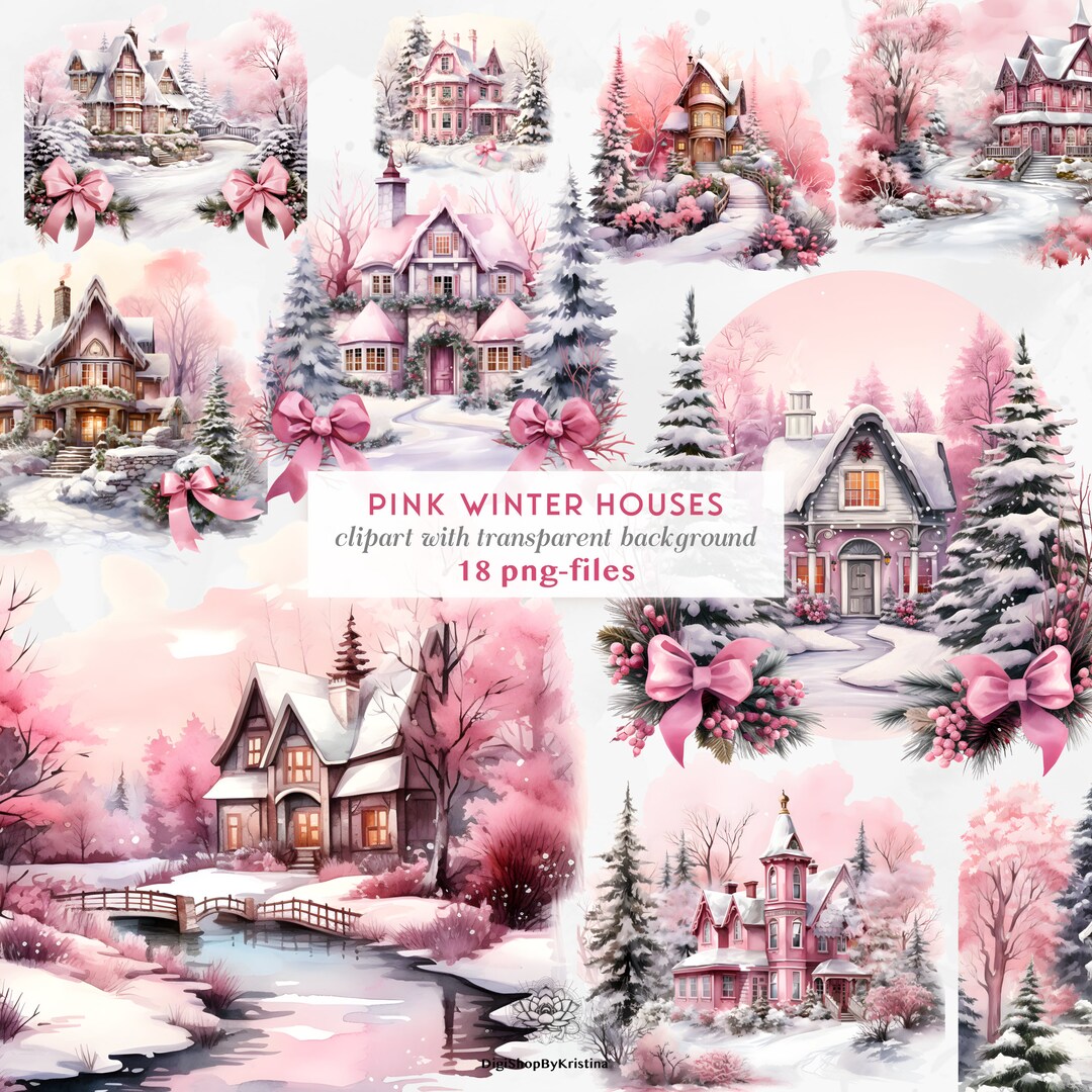 Pink Christmas Houses Clipart | Pink Watercolor Christmas Bundle ...