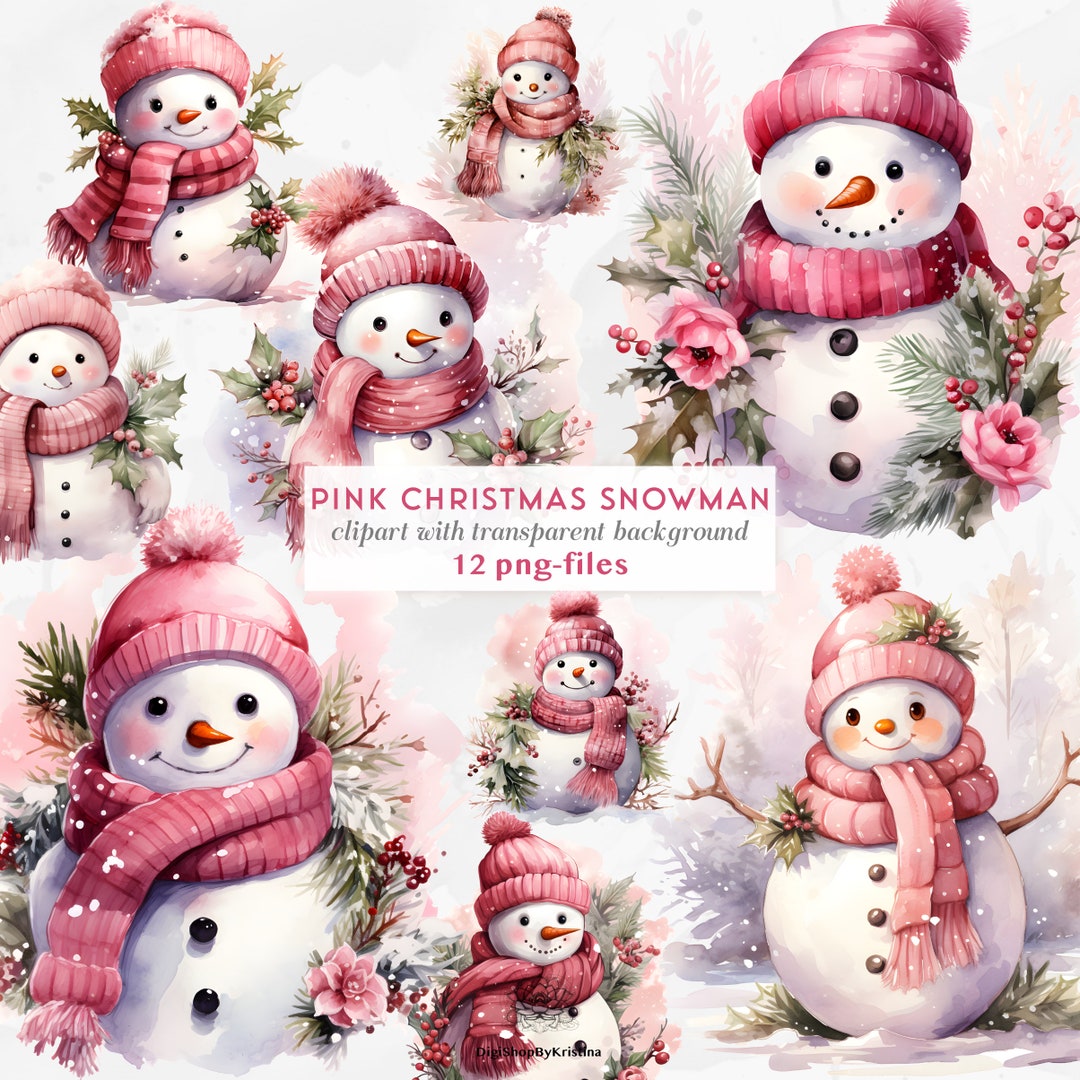 Cute Pink Christmas Snowman Clipart | Pink Watercolor Christmas | Girly ...