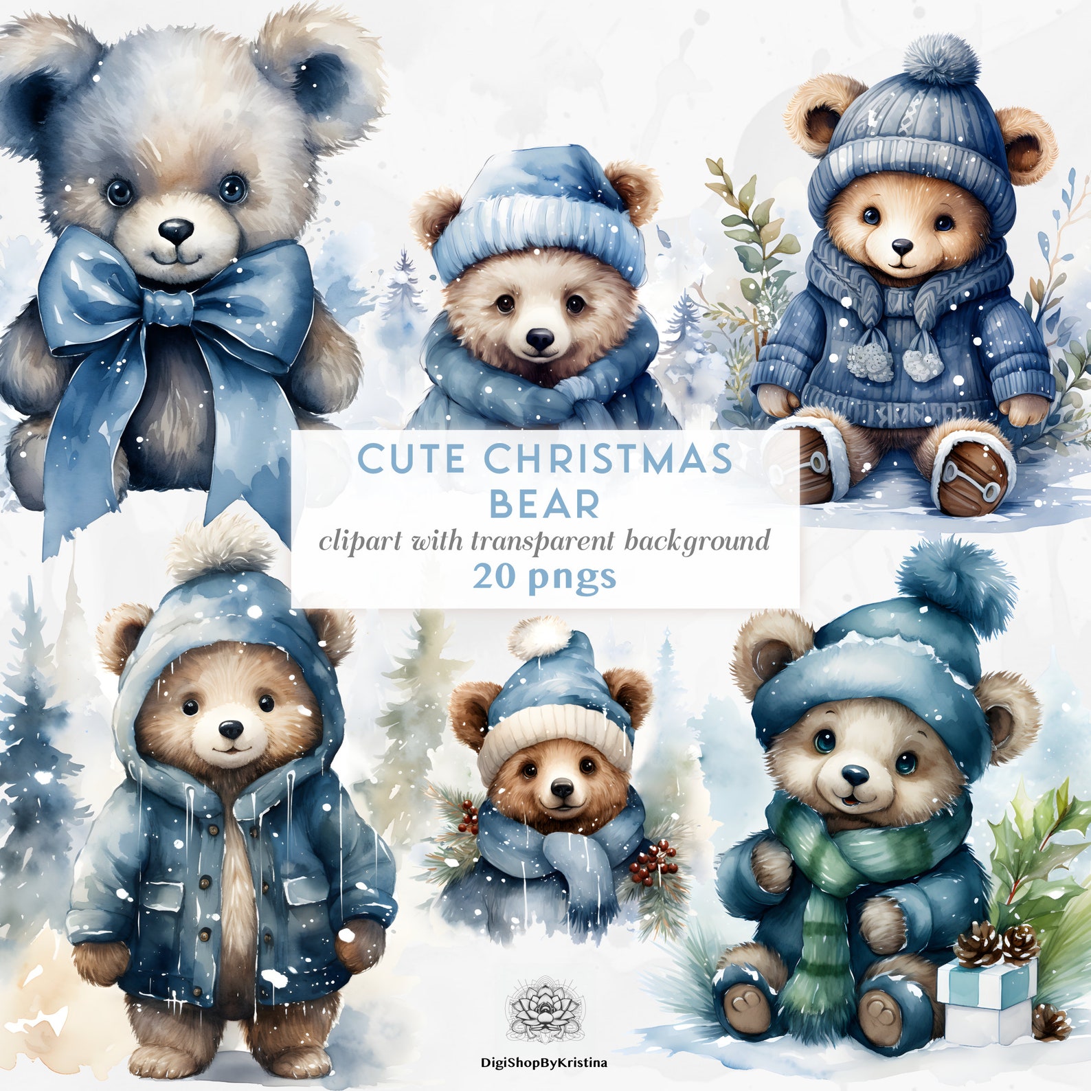 Cute Blue Christmas Teddy Bear Clipart Blue Watercolor Christmas Bear ...