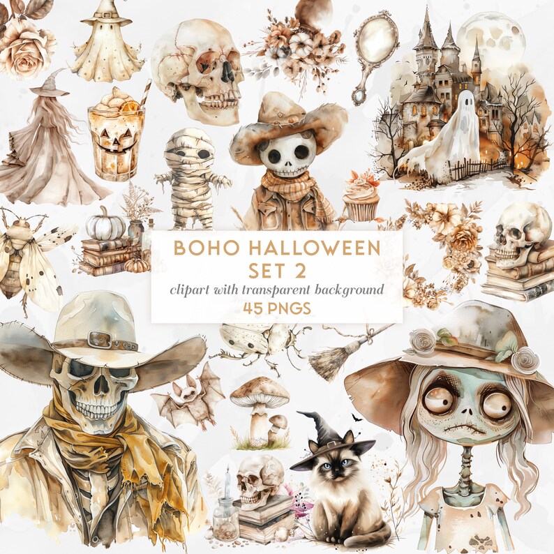 Boho Halloween Clipart Set 2, Retro Halloween Pngs, Witch, Ghost, Bat ...