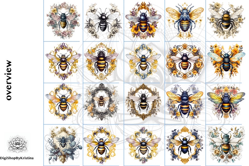 Bee Clipart Floral Rococo Bees PNG Files | Antique Clipart Bees ...