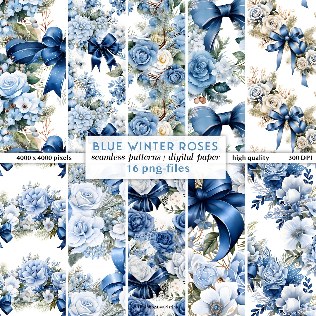 Blue Christmas Flowers Digital Papers | Girly Christmas Seamless ...