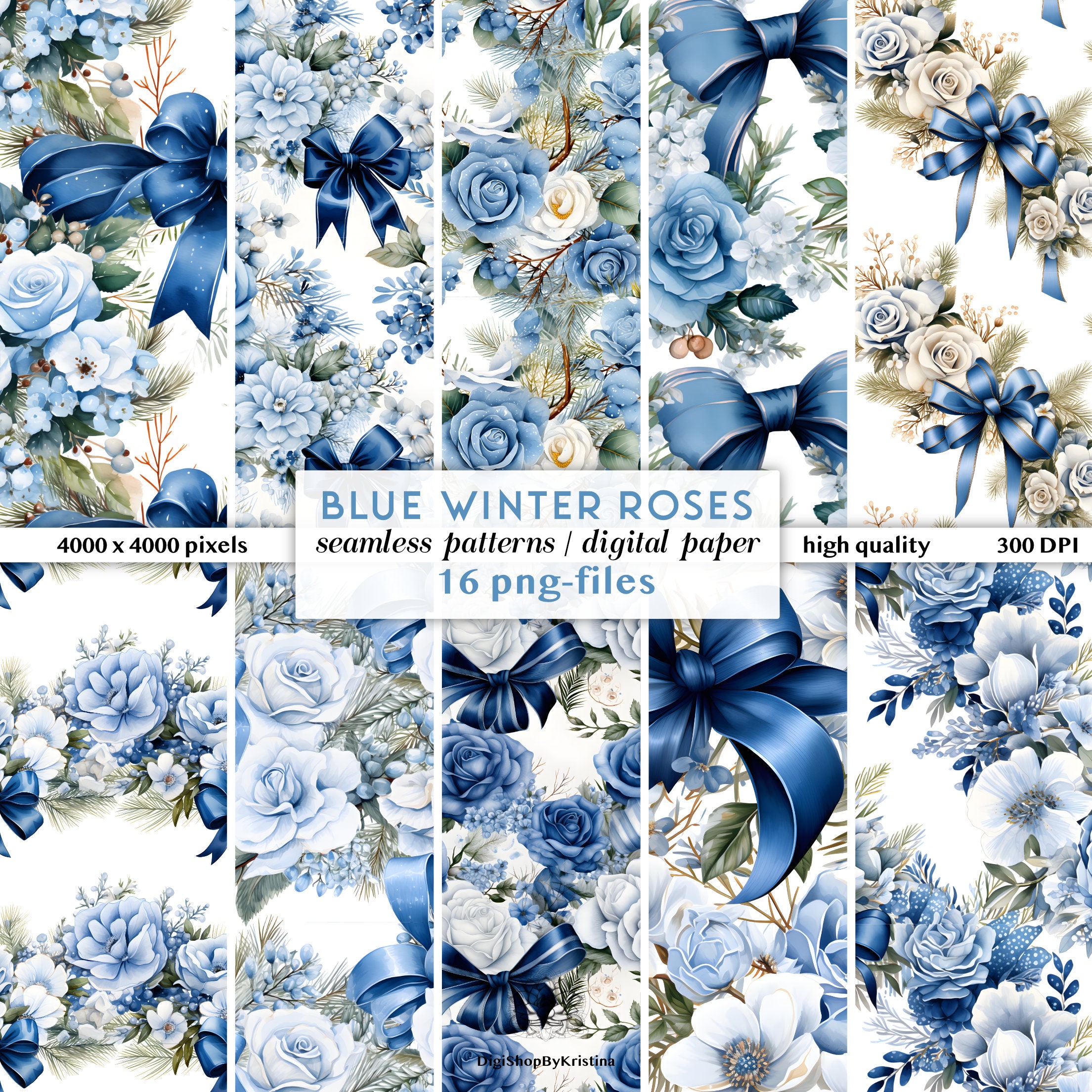 Blue Christmas Flowers Digital Papers Girly Christmas Seamless Pattern ...